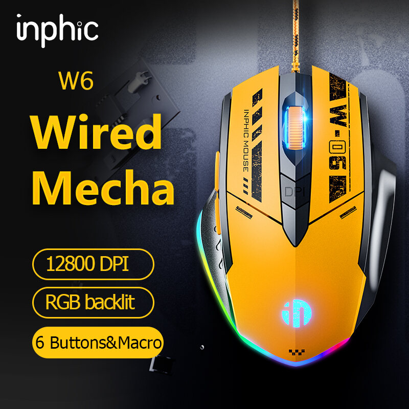 INPHIC W6 RGB Wired Gaming Mouse 12800DPI 6 Programmable Buttons 1000Hz ...